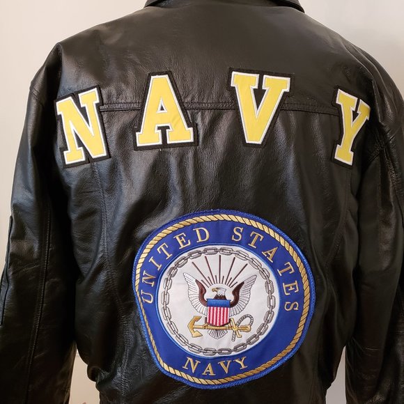 JWM | Jackets & Coats | Us Navy Leather Bomber Jacket With Logo | Poshmark